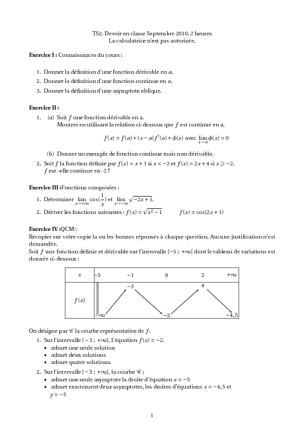 TS2 : Devoir Septembre 2010 - Maths au lycée Prévert