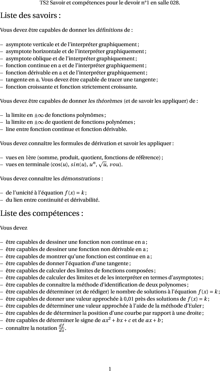 TS2 : Liste de compétences pour le DC1 - Maths au lycée Prévert