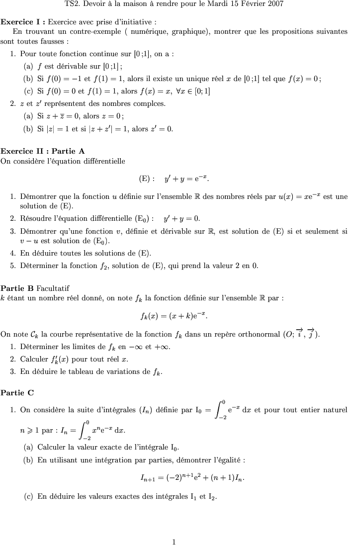 TS2 : Devoir à la maison pour le 15 Février 2011 - Maths au lycée Prévert