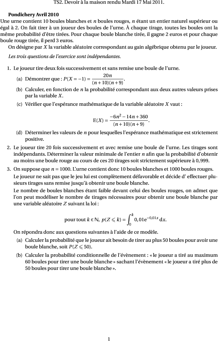 TS2 : Devoir à la maison pour le 17 Mai 2011 - Maths au lycée Prévert