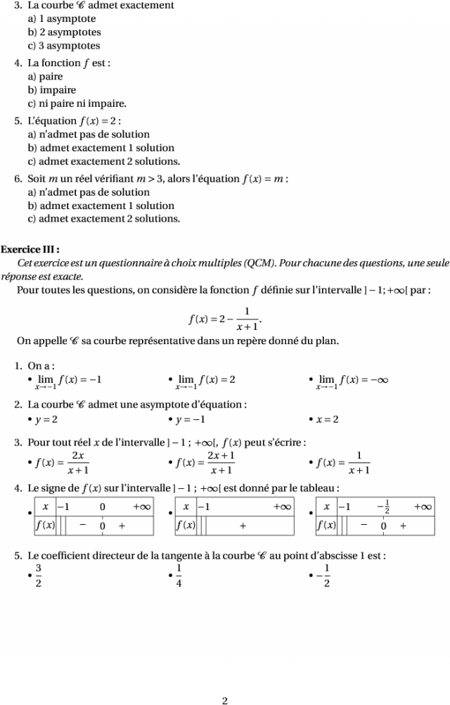 Quelques QCM - Maths au lycée Prévert