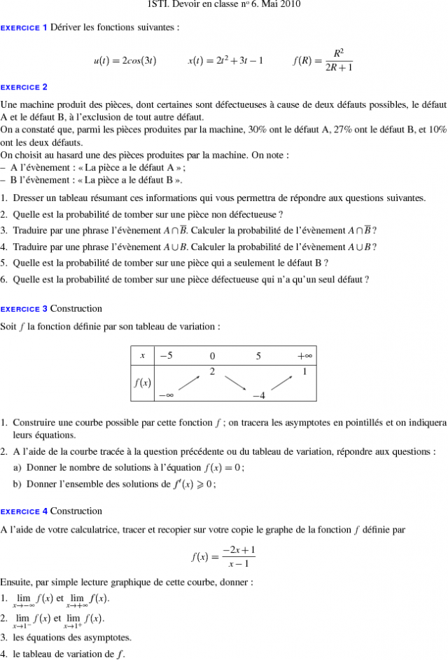 1 STI : Devoir Mai 2010 - Maths au lycée Prévert